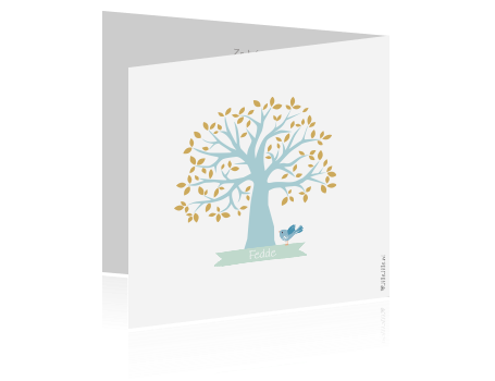 Vrolijke geboortekaart Fedde met boom blaadjes en leuke vogeltjes