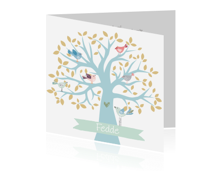 Vrolijke geboortekaart Fedde met boom blaadjes en leuke vogeltjes